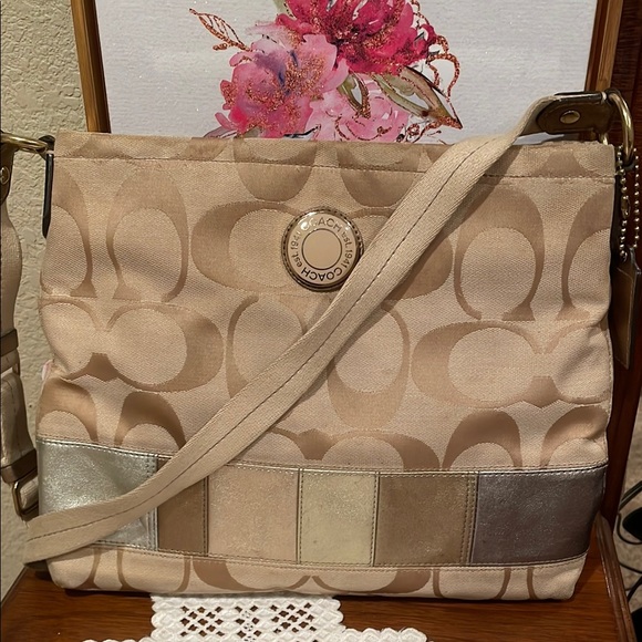 Coach | Bags | Coach Tan And Silver Shoulder Bag With Signature ...